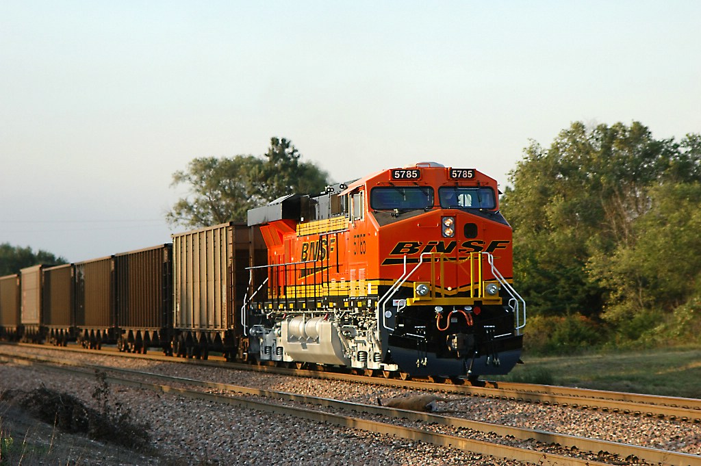 BNSF 5785, GE ES44AC (GEVO), Brand New working as a remote DPU unit on a westbound empty hopper ...